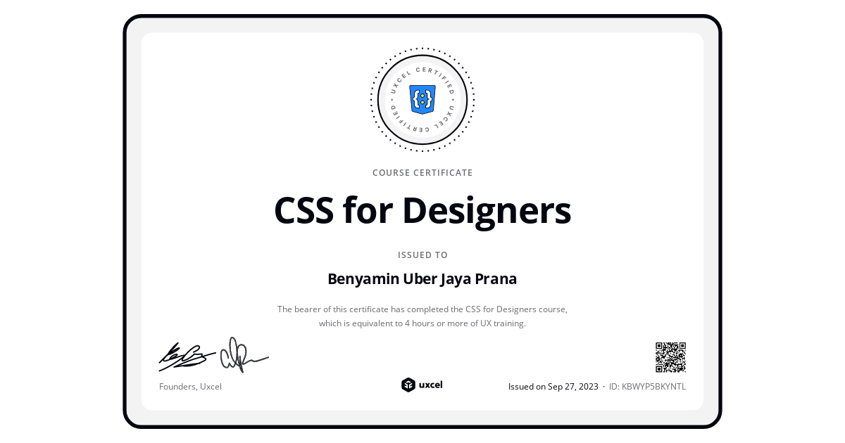 Certificate of completion for CSS Foundations | Uxcel